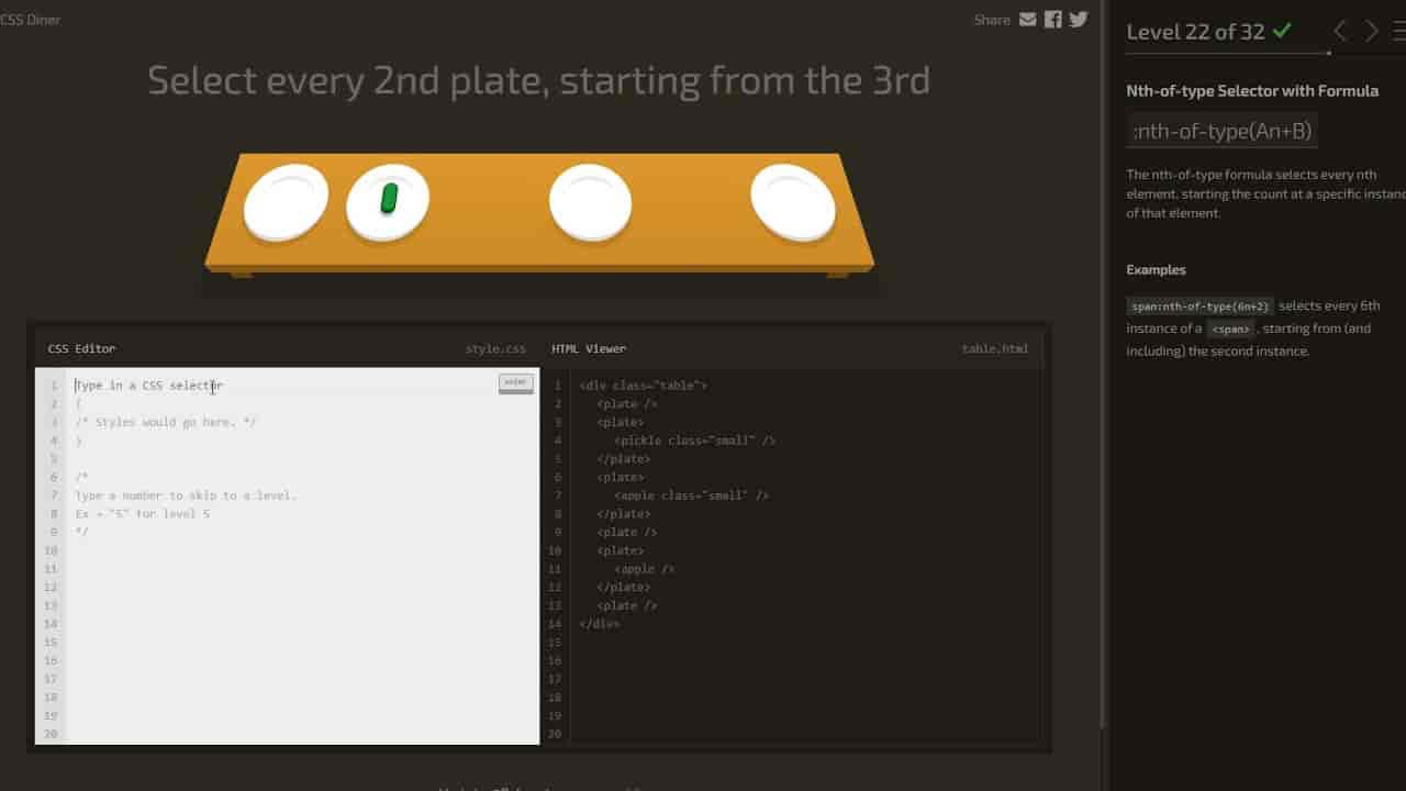 Learn css selectors with CSS Diner | Gamify List