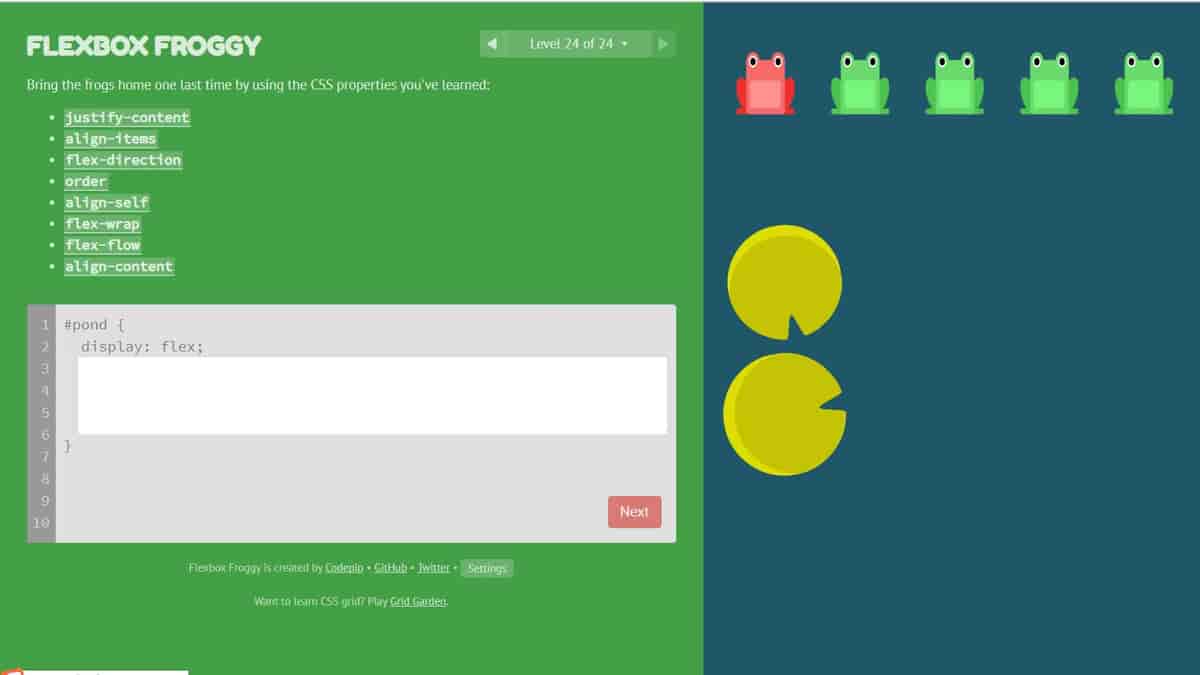 Learn css flexbox layout mechanism with Flexbox Froggy | Gamify List